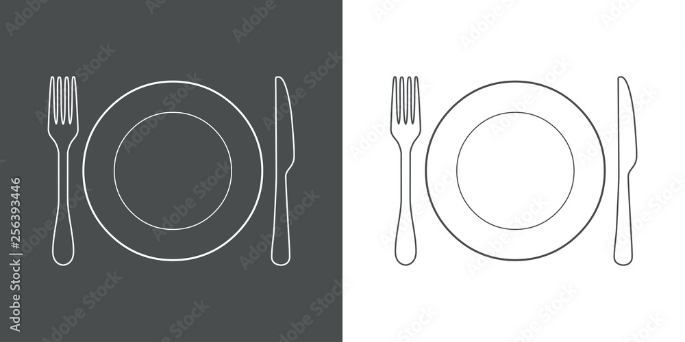 Icono plano lineal plato y cubiertos en gris y blanco, obrazy ... Icono plano lineal plato y cubiertos en gris y blanco, obrazy ...