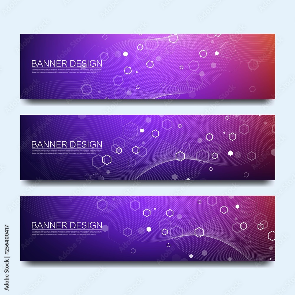 Abstract molecules banners set with lines, dots, circles, polygons ...