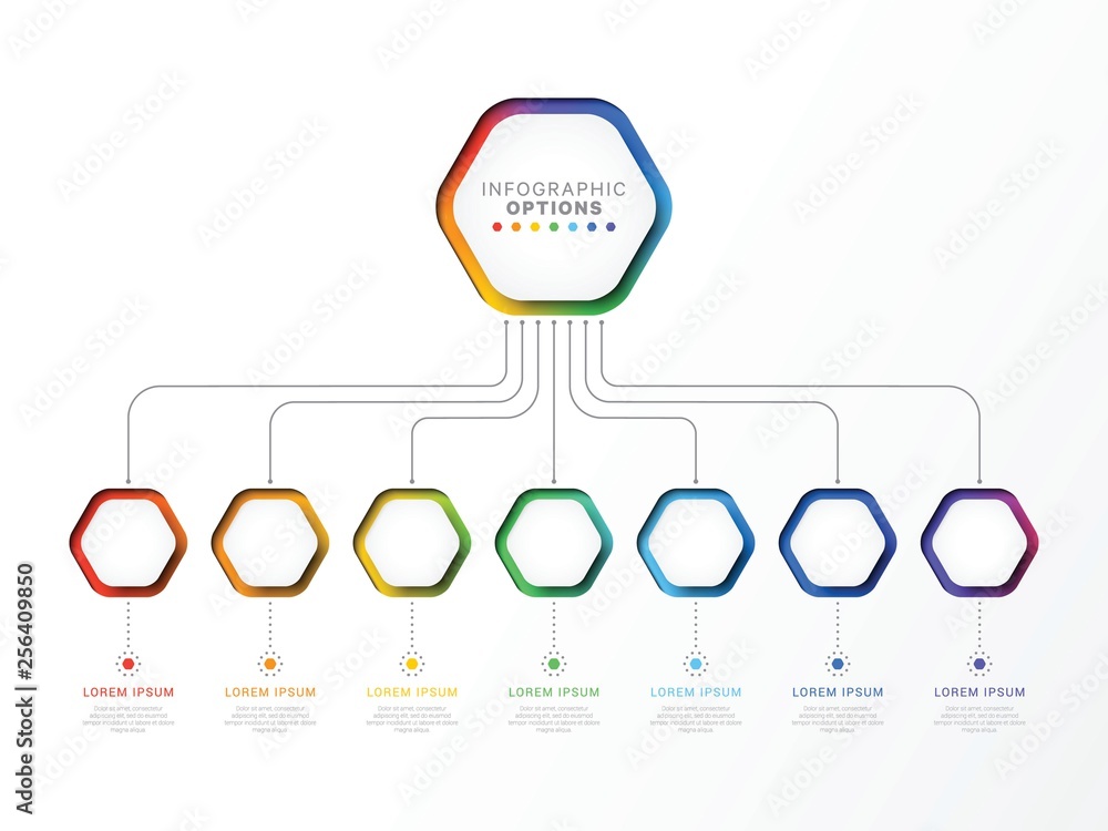 seven steps 3d infographic template with hexagonal elements. business process template with ...