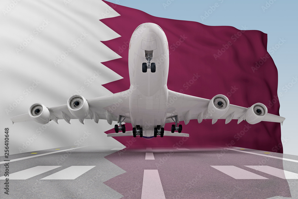 Photo & Art Print airplane takes off against backdrop Qatar flag, petrovk