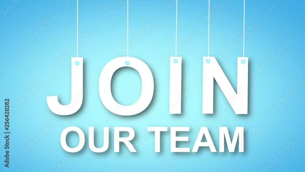 Join our team animation - text hanging on a string against blue ...