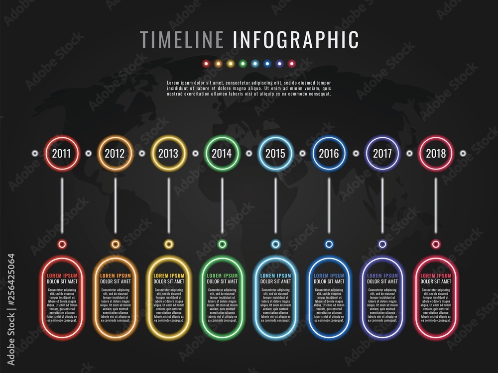 timeline infographic template with round neon glow elements and text ...
