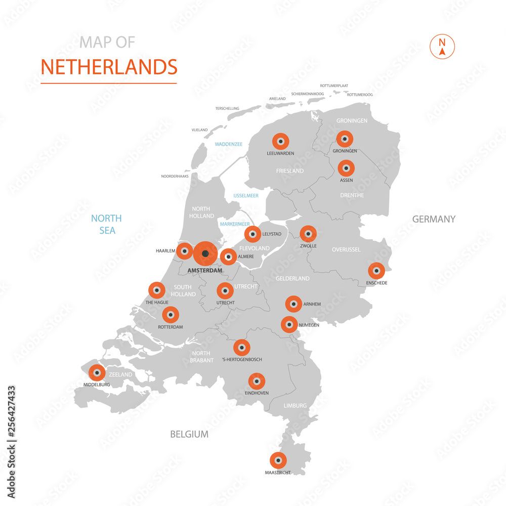Stylized vector Netherlands map showing big cities, capital Amsterdam ...