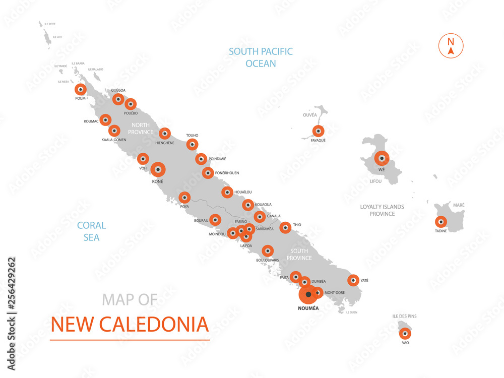 Stylized vector New Caledonia map showing big cities, capital Nouméa ...