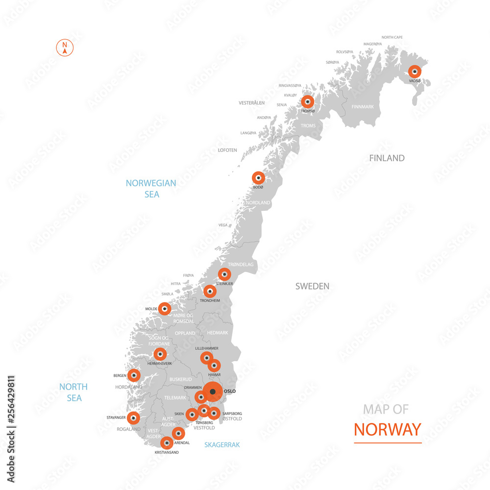 Stylized vector Norway map showing big cities, capital Oslo ...