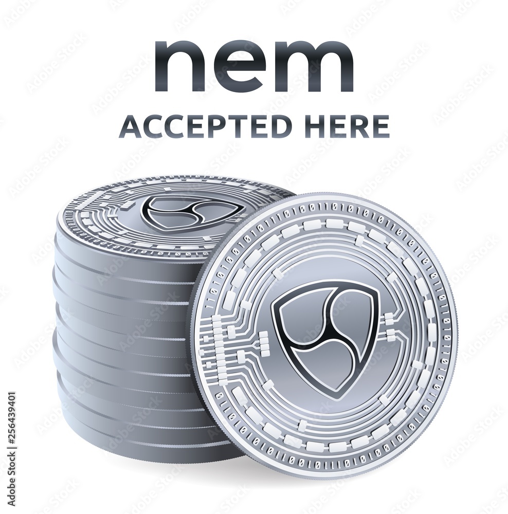 Nem. Accepted sign emblem. Crypto currency. Stack of silver coins with Nem symbol isolated on ...