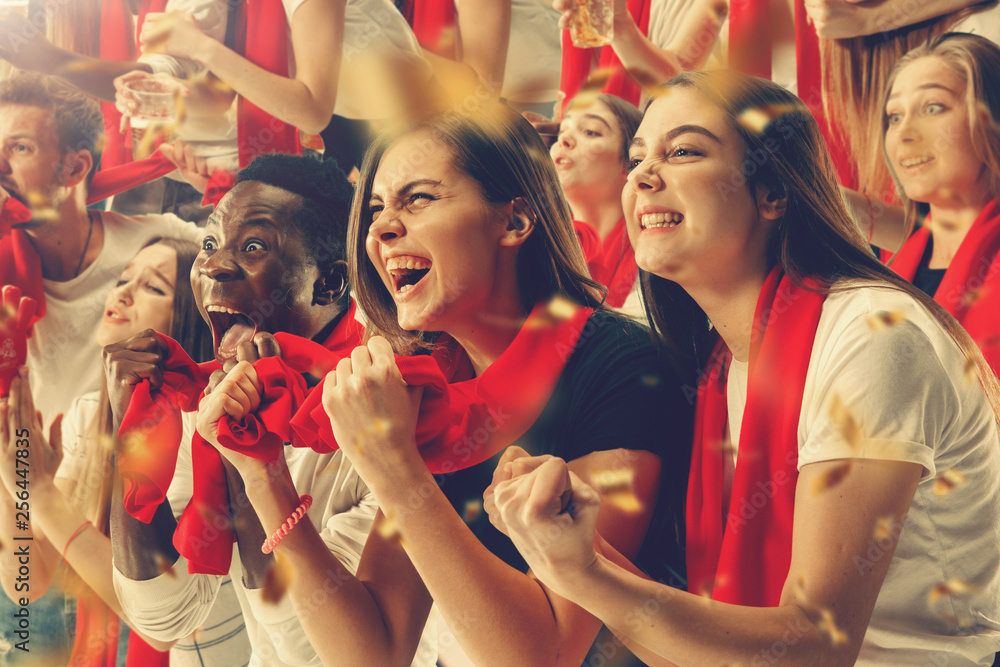 Group of happy fans are cheering for their team victory. Stock Photo ...