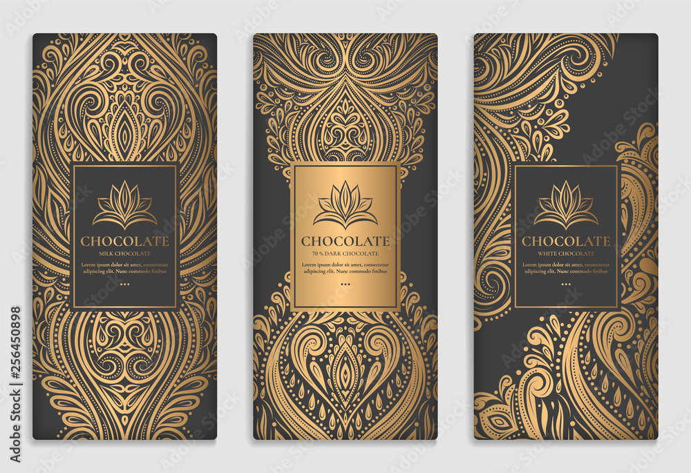 Gold and black packaging design of chocolate bars. Vintage vector ...