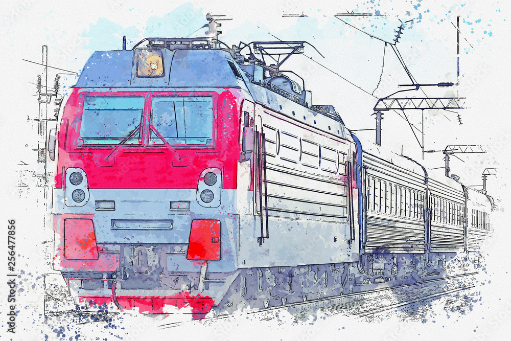 Watercolor sketch or illustration of modern passenger train ...