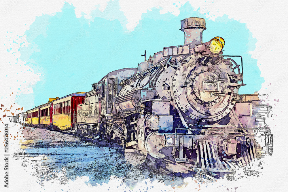 Watercolor sketch or illustration of an old fashioned train ...