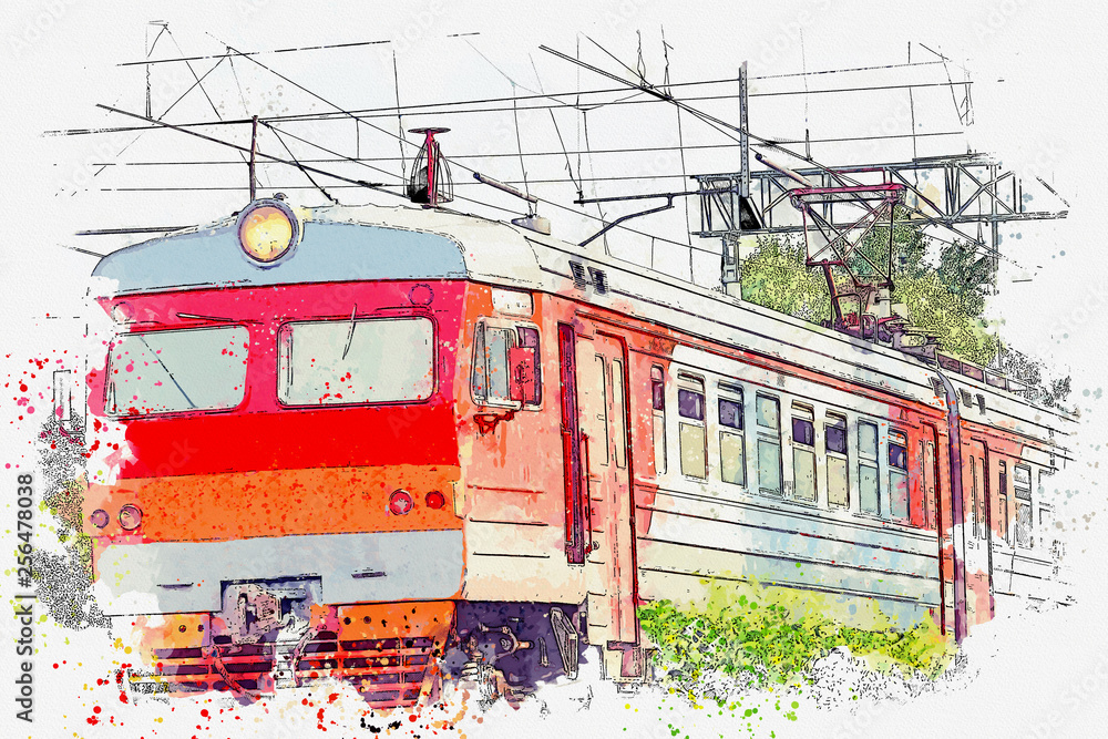 Watercolor sketch or illustration of modern passenger train ...