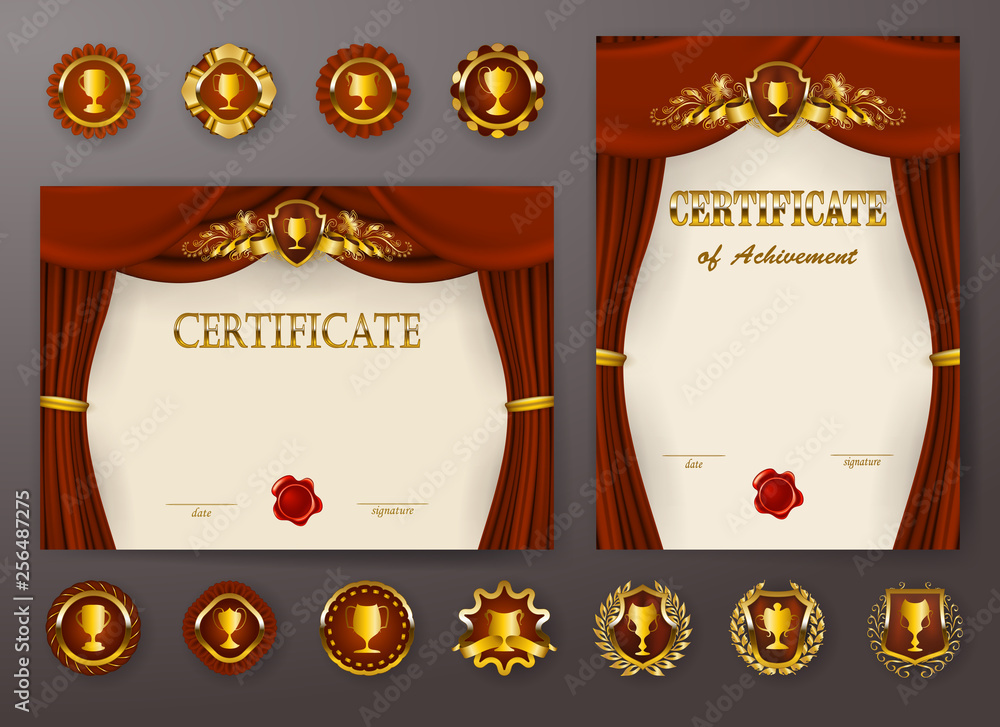 Set of elegant templates of diploma with lace ornament, ribbon, wax ...