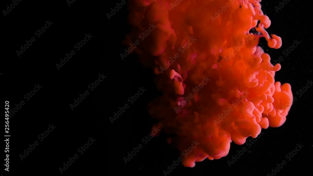 Real shot red paint drops in water in slow motion. Ink swirling ...