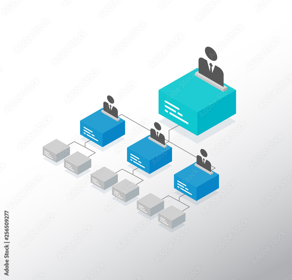 Isometric organization chart template with colorful 3D cubes and place ...