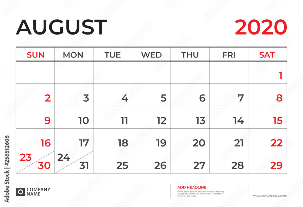 AUGUST 2020 Calendar template, Desk calendar layout Size 9.5 x 6.5 inch ...