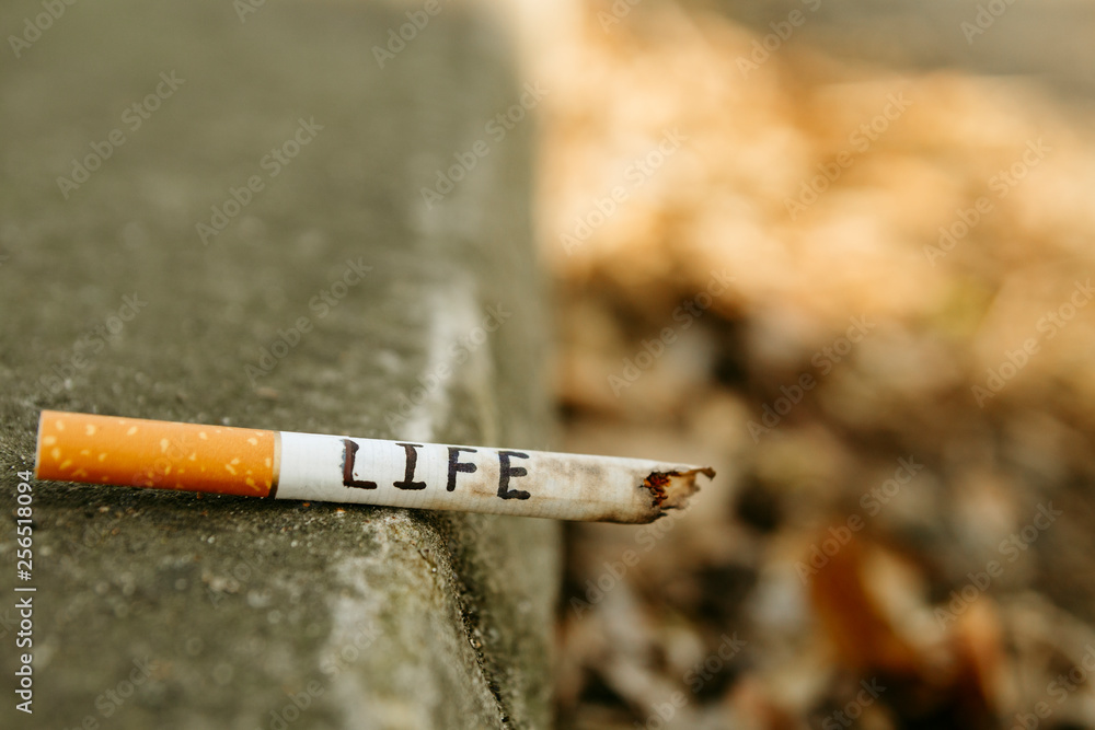 Cigarette lays on a border stone. Concept of fighting with smoking ...