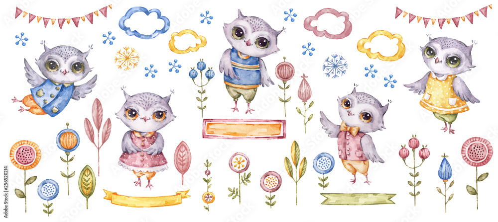 Watercolour cute owls. Watercolor cute animals birds and ethnic flowers ...