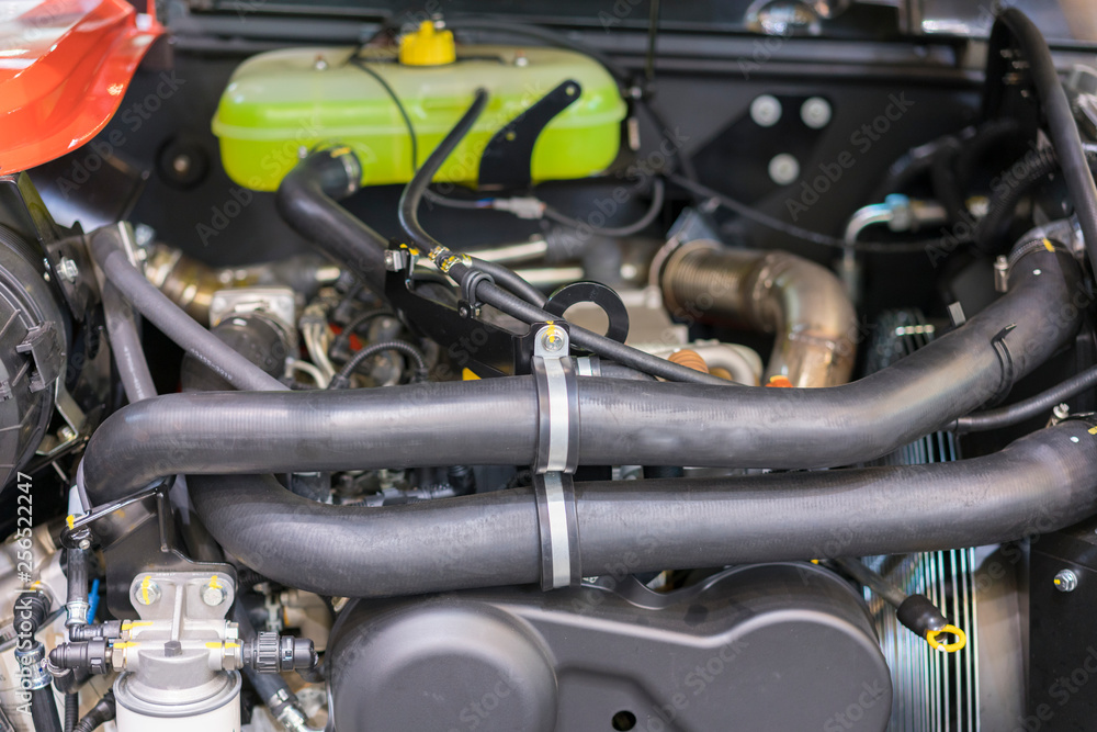 Modern new agricultural diesel tractor engine. Modern new hi-tech ...