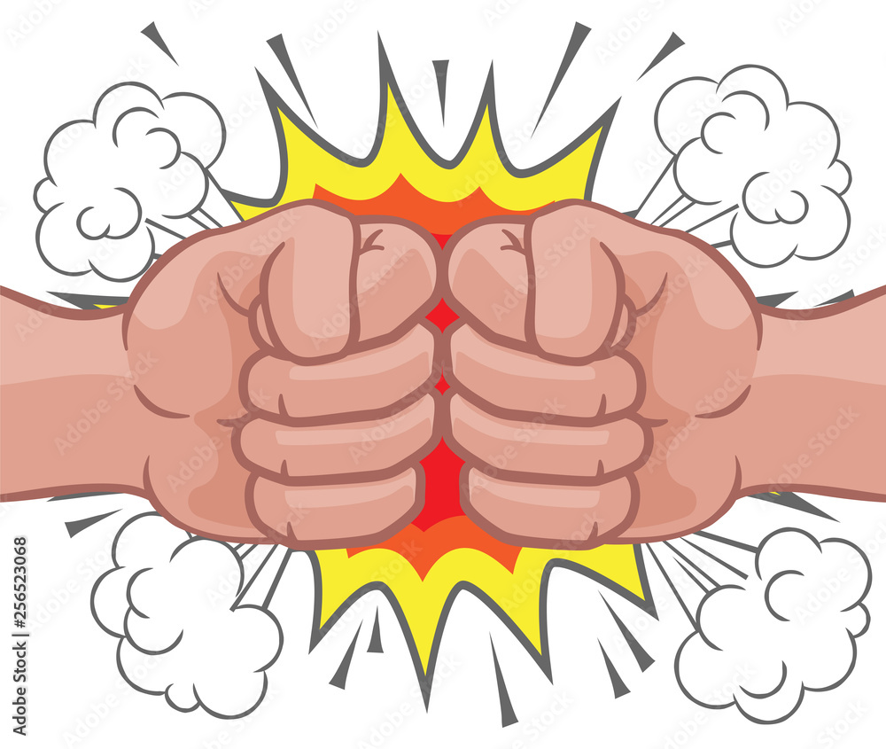 Two cartoon fists hands performing a fist bump punch creating an ...