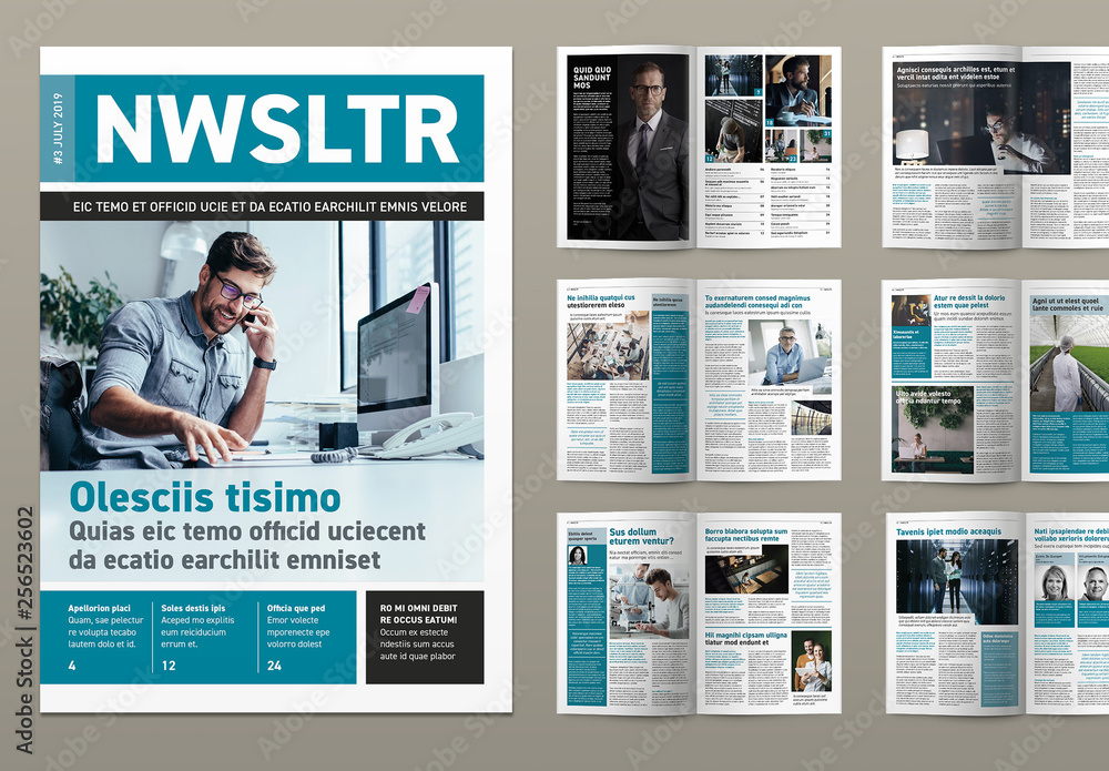 Teal and White Newsletter or magazine Layout Stock Template | Adobe Stock