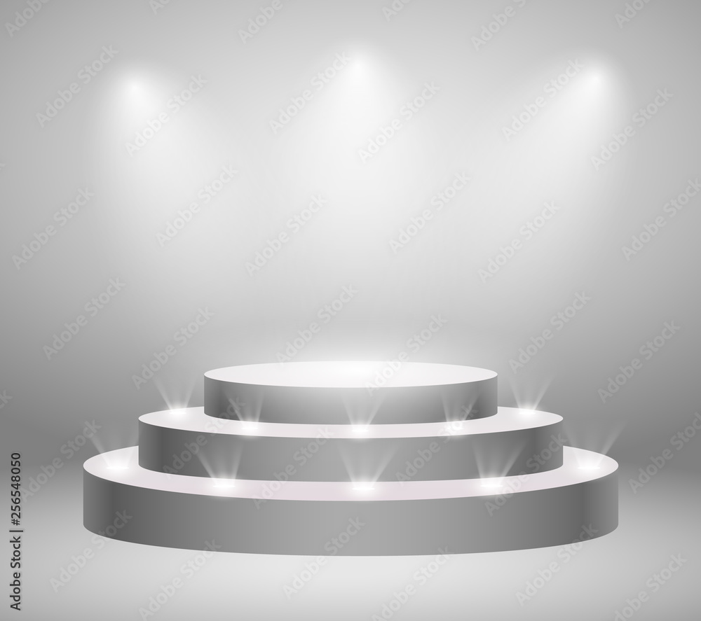 Round pedestal. Stage podium with lighting. Winner podium and Scene ...