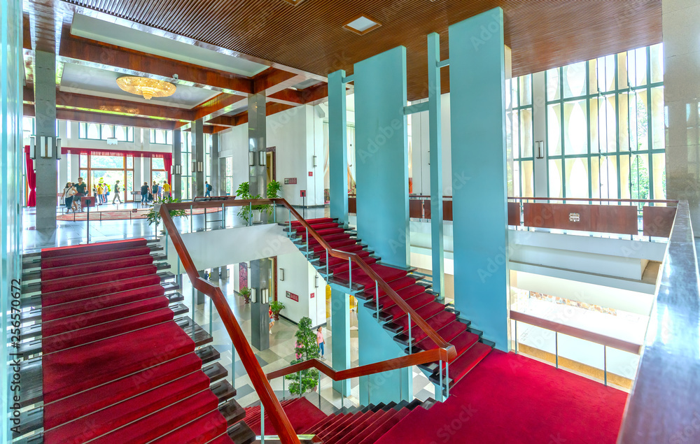 Unique staircase architecture of independent palace with a carpet path ...