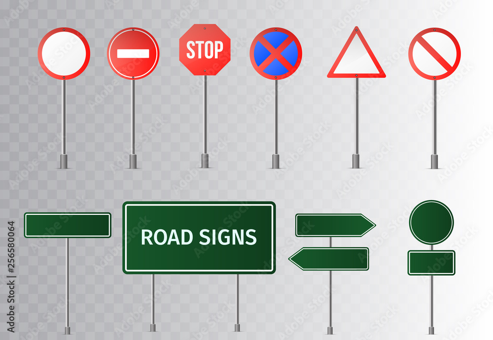Set of road signs and green traffic signs. isolated on transparent ...