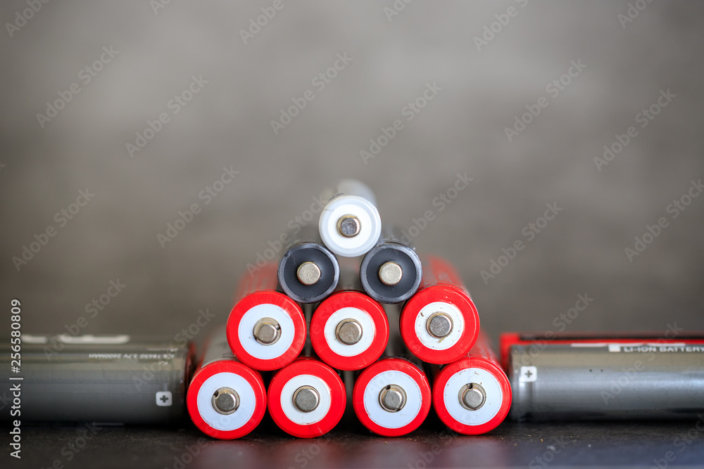 Rows of batteries Alkaline battery ,Close up of battery positive poles ...