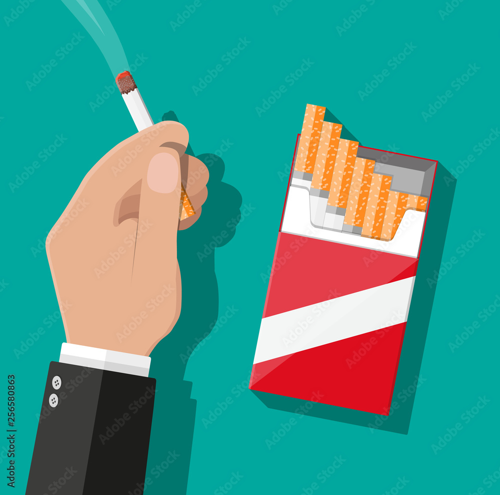 Hand with cigarette. Smoking. Cigarette paper package top view. Vector ...