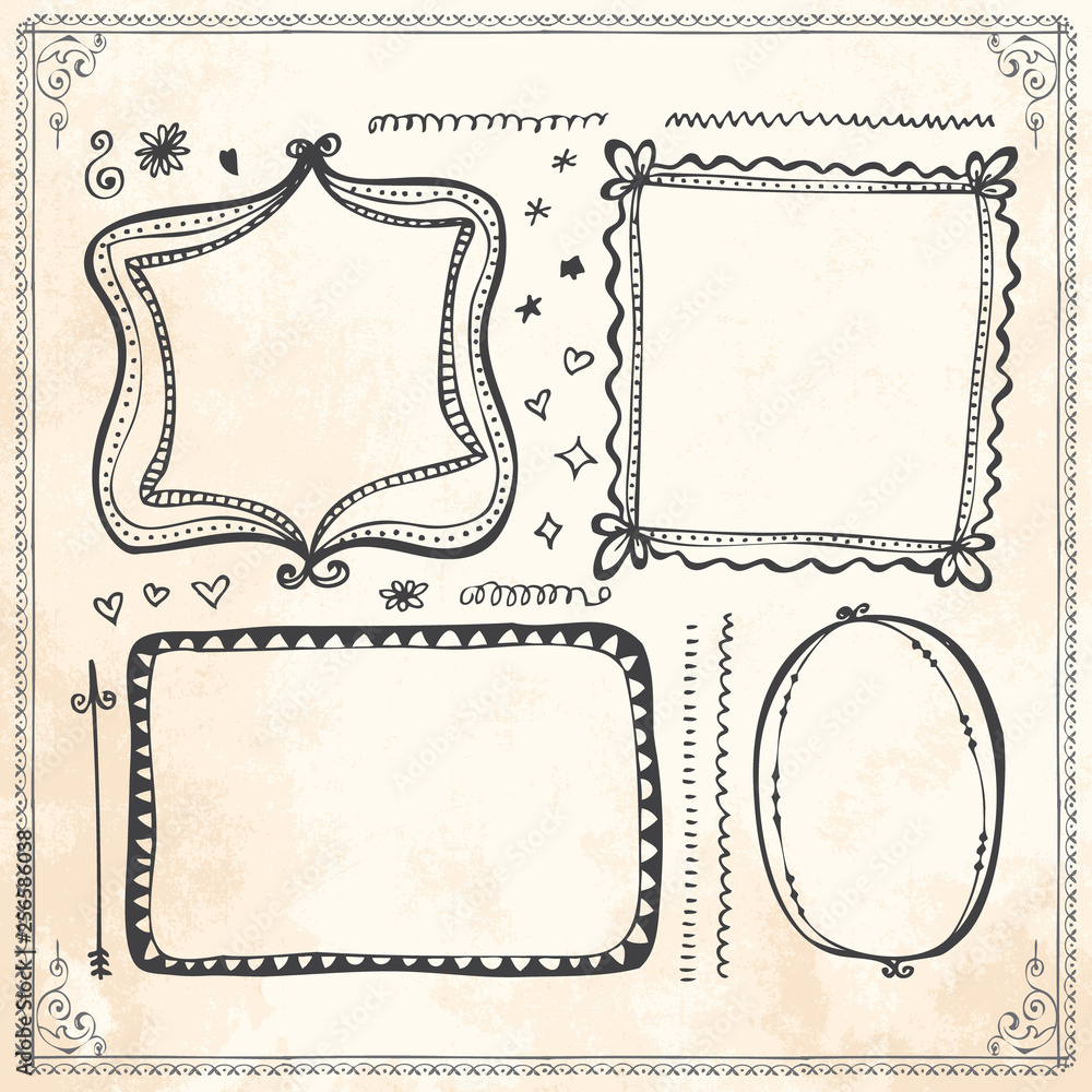 Hand drawn doodle line border frame elements set Stock Vector | Adobe Stock