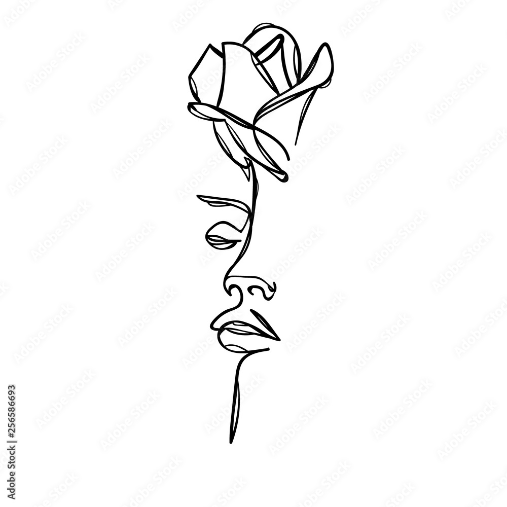 woman face with rose flower. Continuous line drawing Stock Vector ...