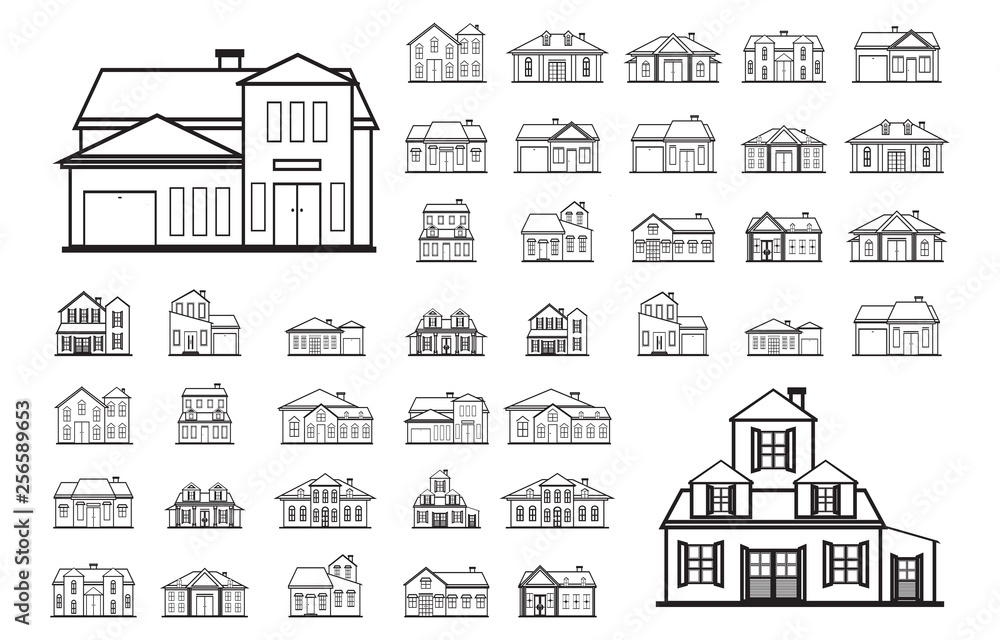 Facade House Real Estate Front View Line Art Outline Icon Set Stock ...