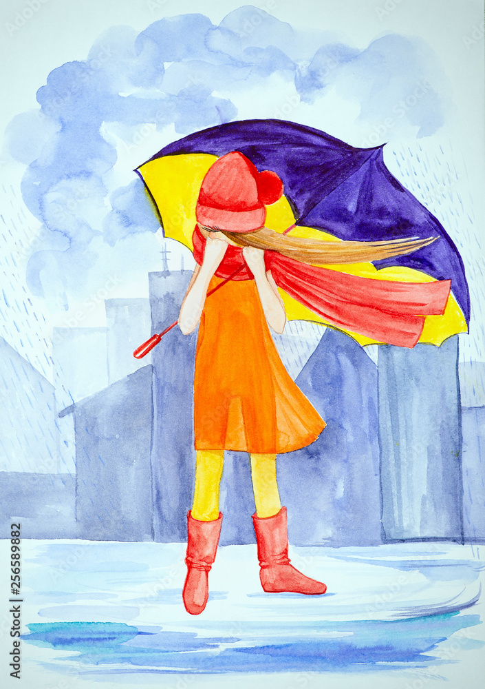Lonely Girl In Rain Drawing