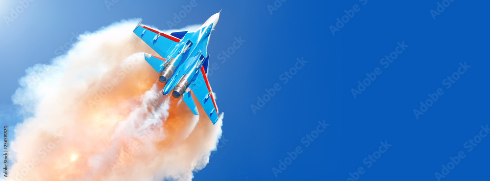 modern military fighter jet airplane flying surrounded by fire and ...