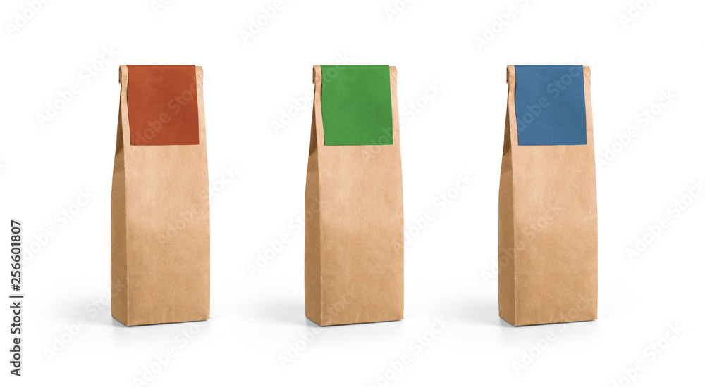 Brown craft paper bag packaging template with color labels isolated on ...