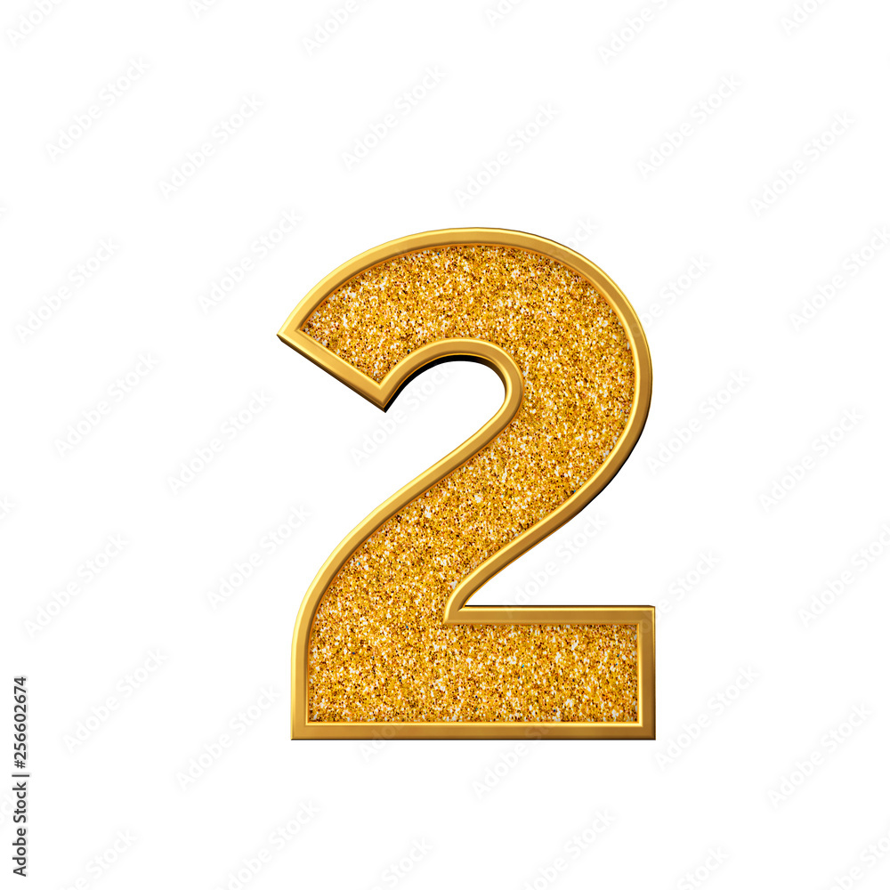 Gold glitter number 2. Shiny sparkling golden number. 3D rendering ...