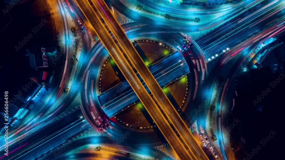 4K. Time lapse road and roundabout top view, road traffic an important ...
