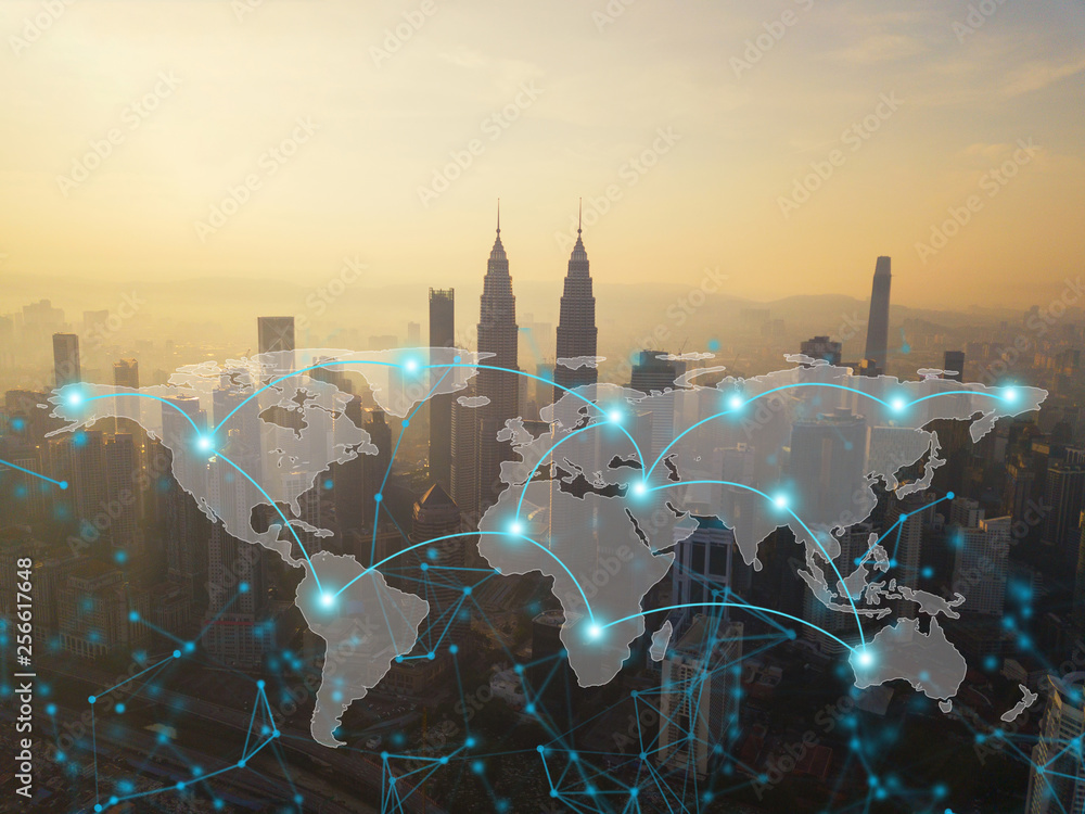 Digital network connection lines of Kuala Lumpur Downtown, Malaysia ...
