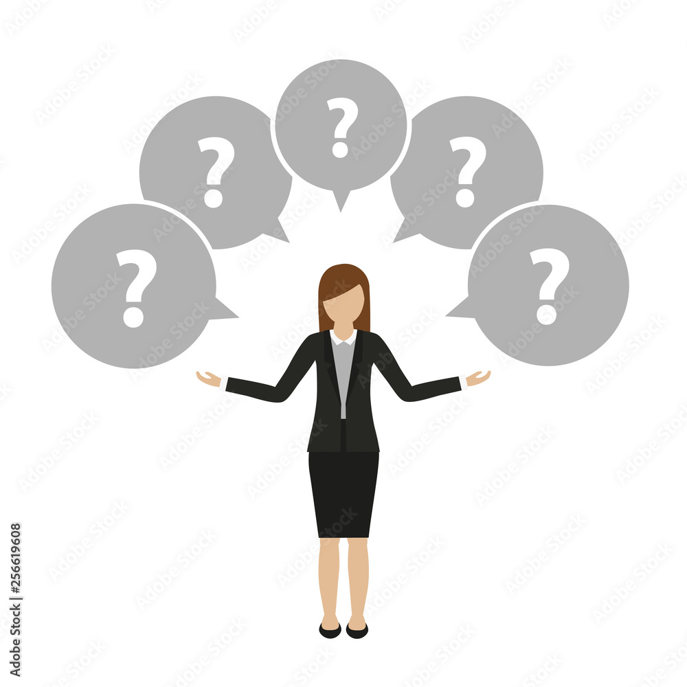 business woman character has many questions isolated on white ...