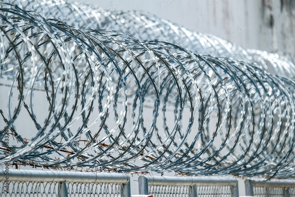 Galvanized razor wire coil fence with barbed wire fence through it ...