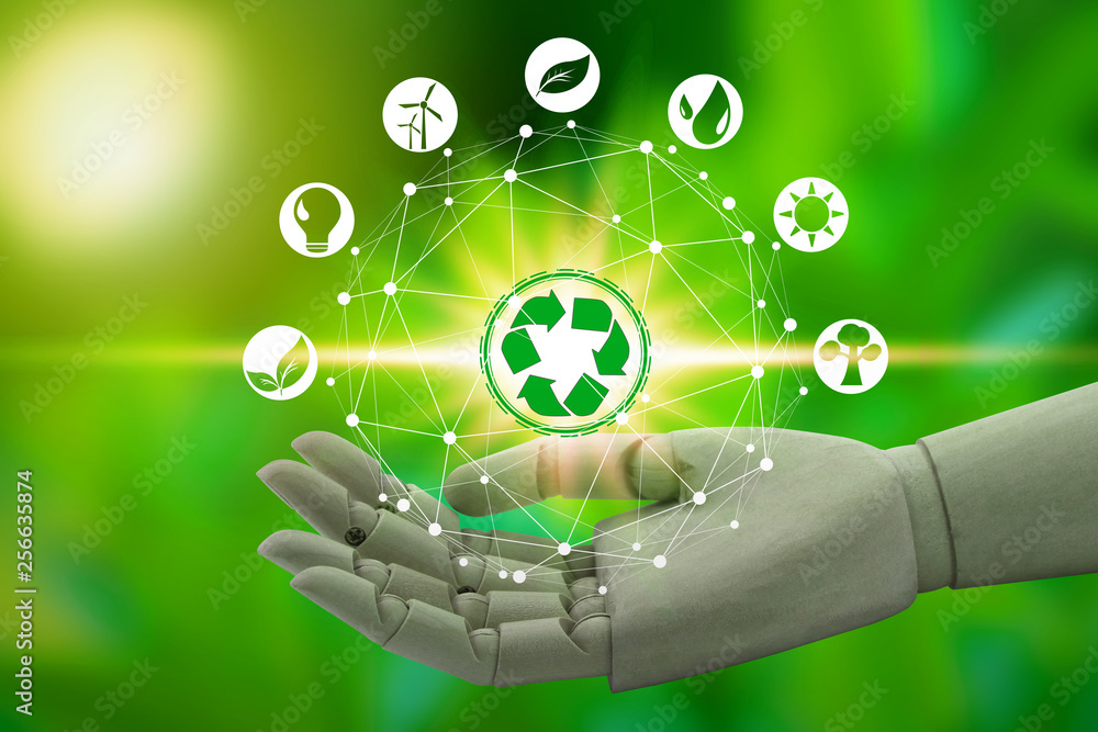 Robot hand holding with virtual environment icons over the network ...