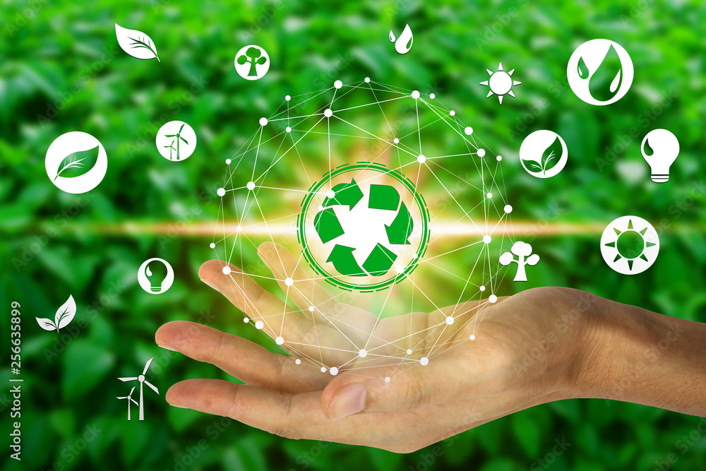 Hand holding with environment icons over the Network connection on ...