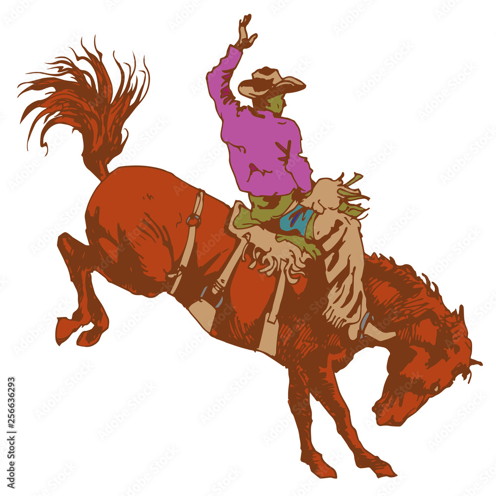 Print cowboy riding a wild horse mustang rounding a kicking horse on a ...