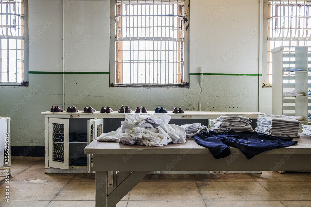 Laundry room in prison. Prisoner’s work, to clean and put cloths in ...