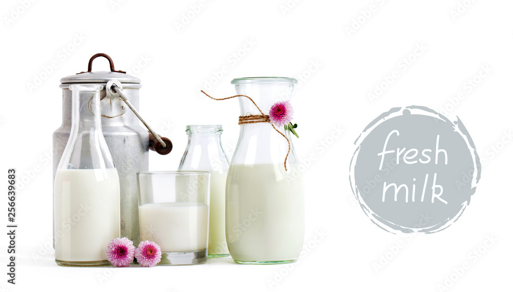 Frischmilch isoliert - verschiedene Gefäße Stock Photo | Adobe Stock