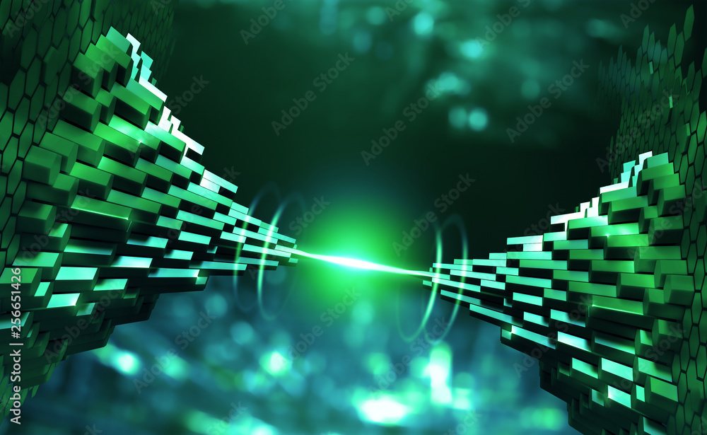 Fantastic night city. Quantum computer. Transmission of global data ...