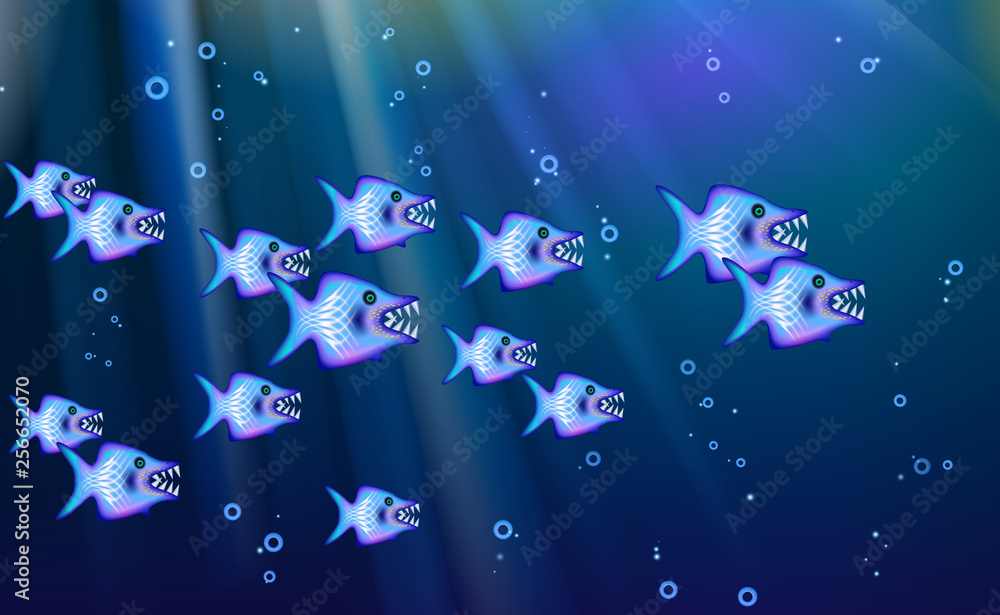 Wild predators blue background flock of small fish. Cartoon funny cant ...