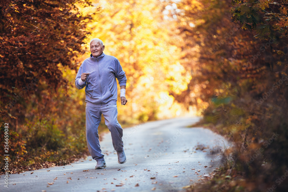 Senior runner in nature. Elderly sporty man running in forest during ...