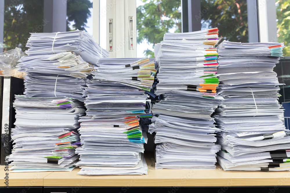 Business and finance concept of office working, Pile of unfinished ...