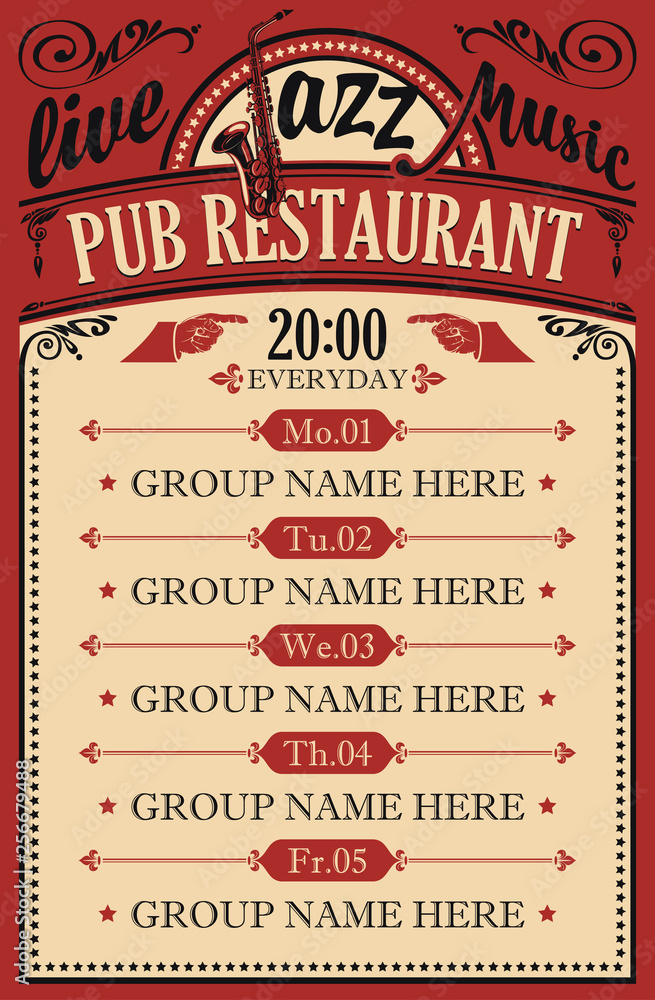 Vector poster for a pub restaurant with live jazz music. A daily ...